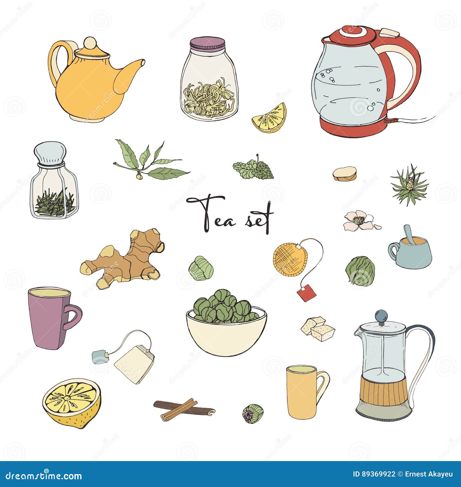 Set Tea Party Objects. Collection with Hand Drawn Kettle,jar,lemon,leaf ...