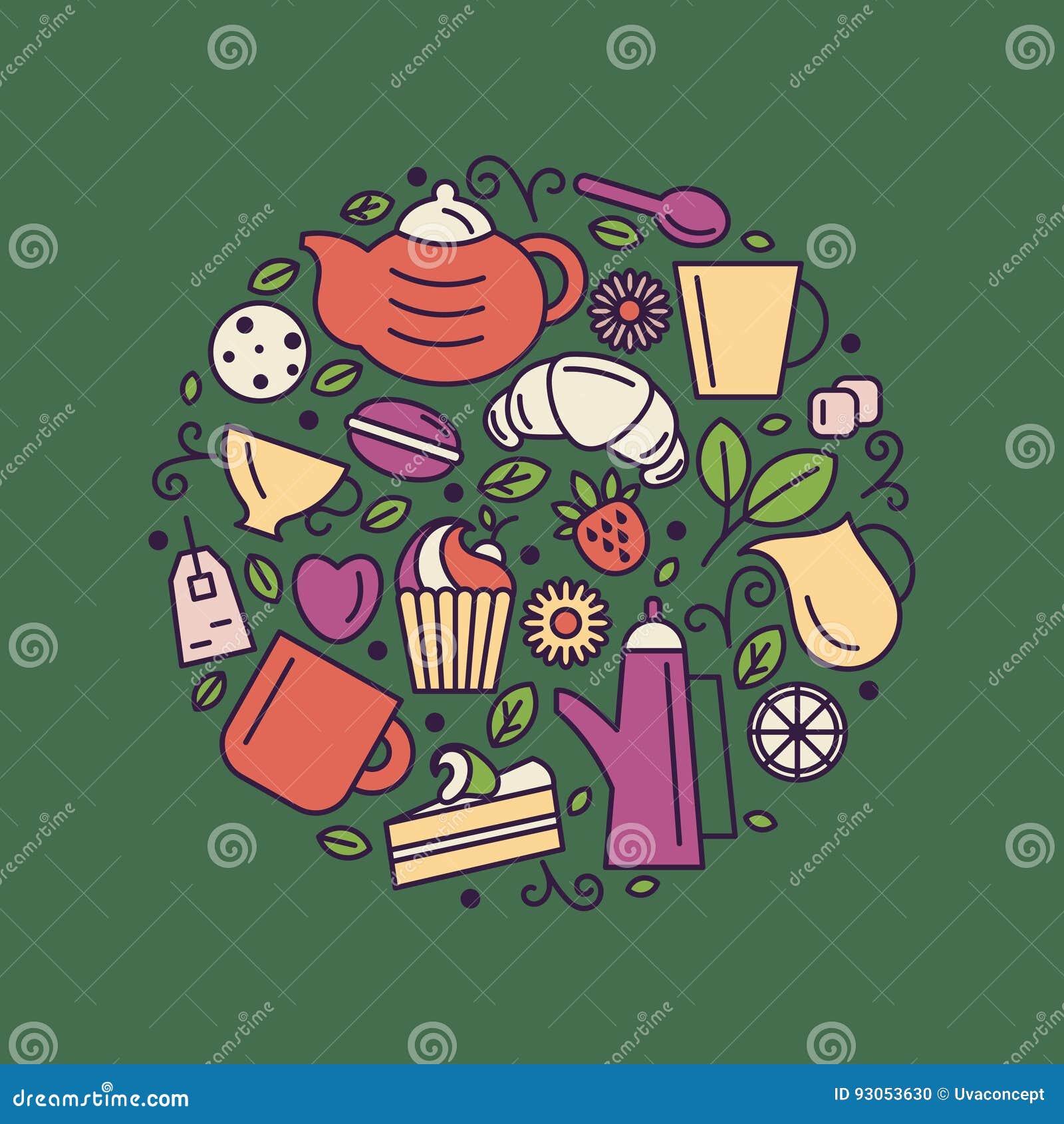 Set of Tea Theme. Line Art Draw Icons in the Circle Stock Vector ...