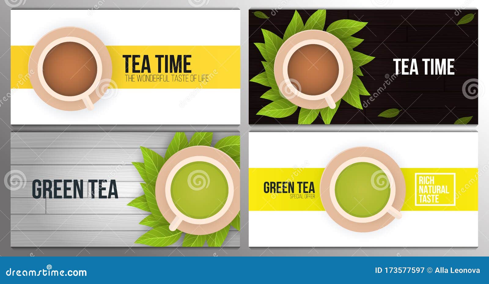 Set of Tea Time Banners on White and Wood Backgrounds with Tea Leaves ...