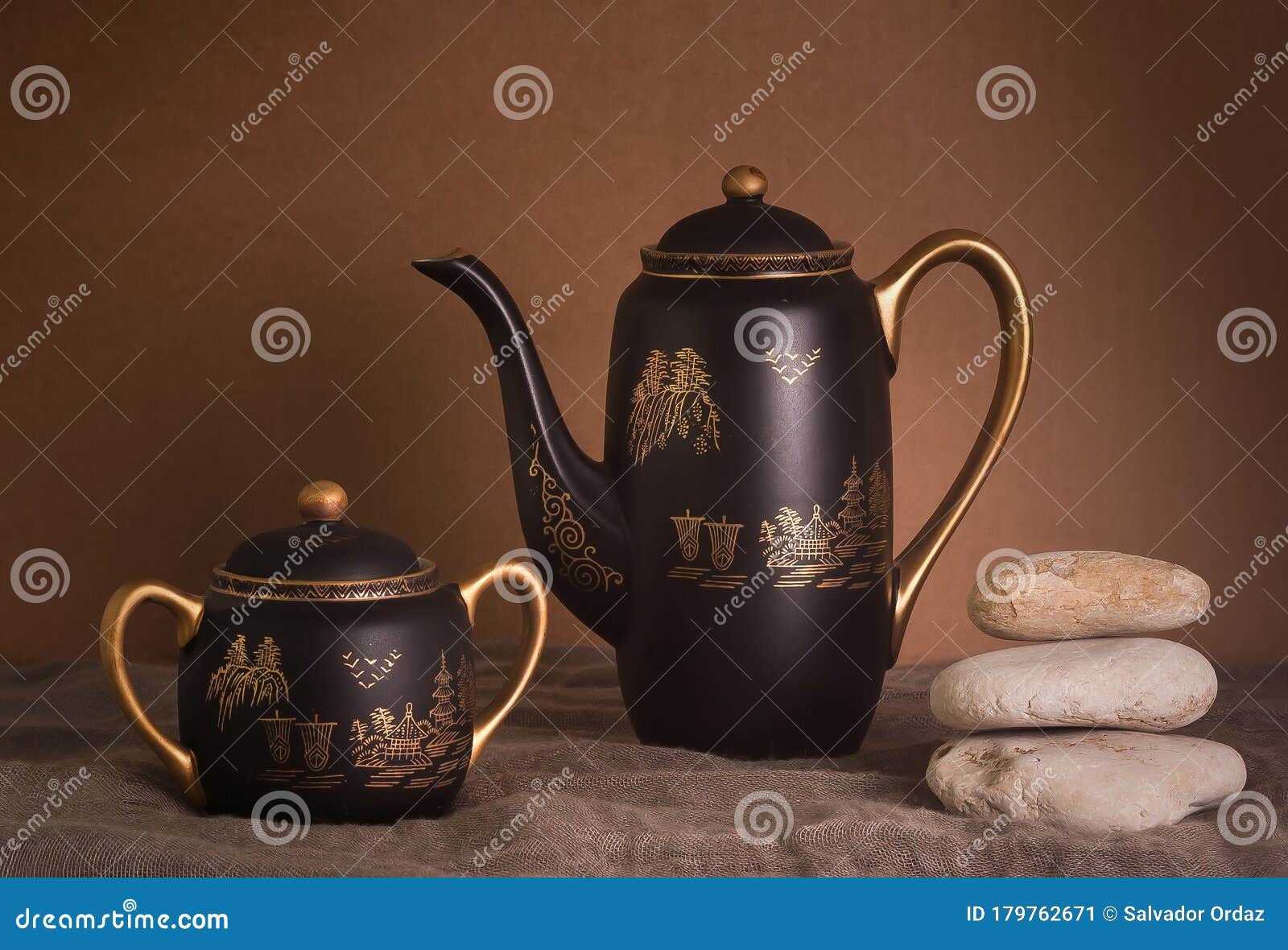 Set of tea with zen rocks stock image. Image of morning - 179762671
