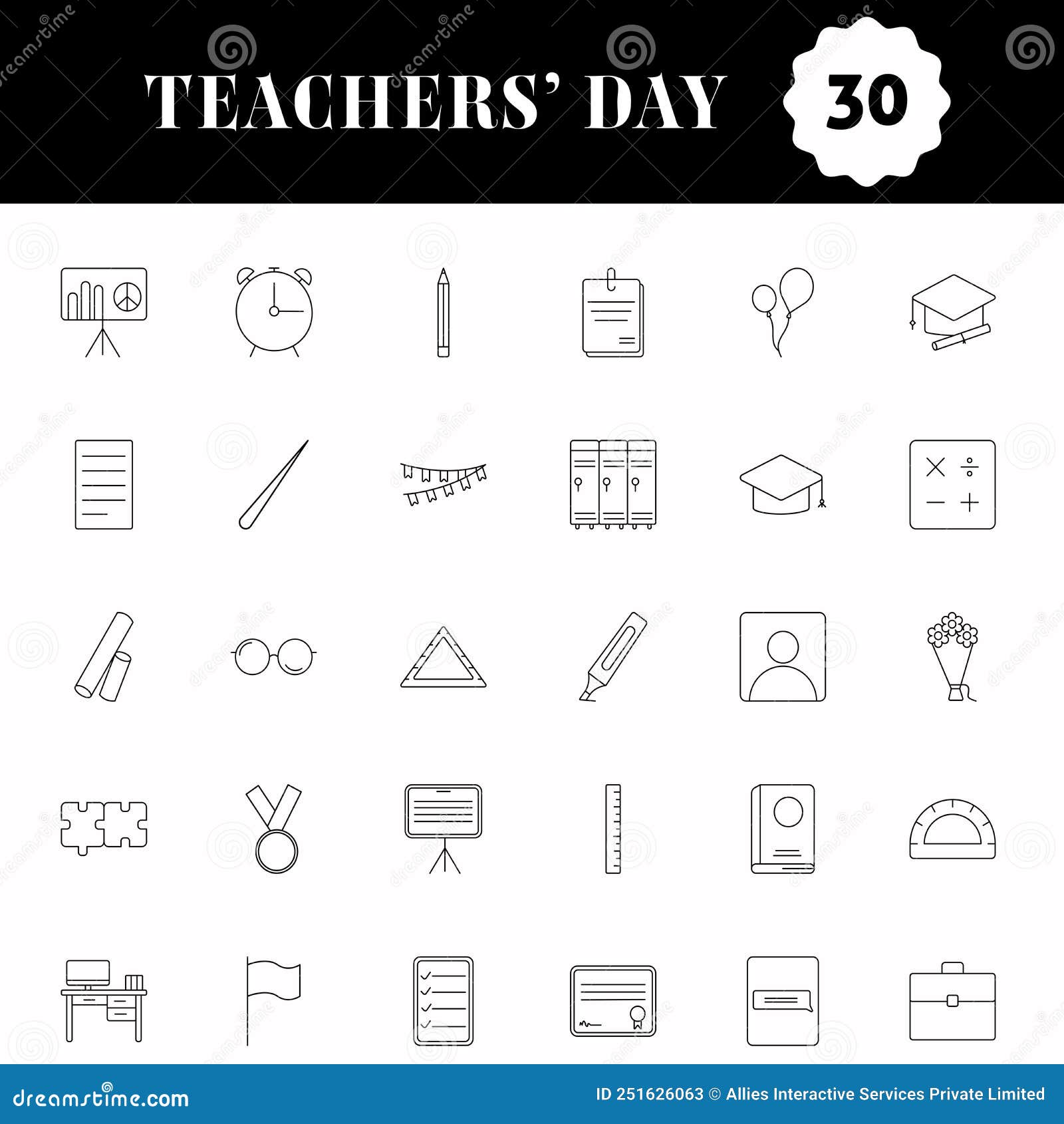Set of 30 Teacher`s Day Icons in Line Art Stock Illustration ...