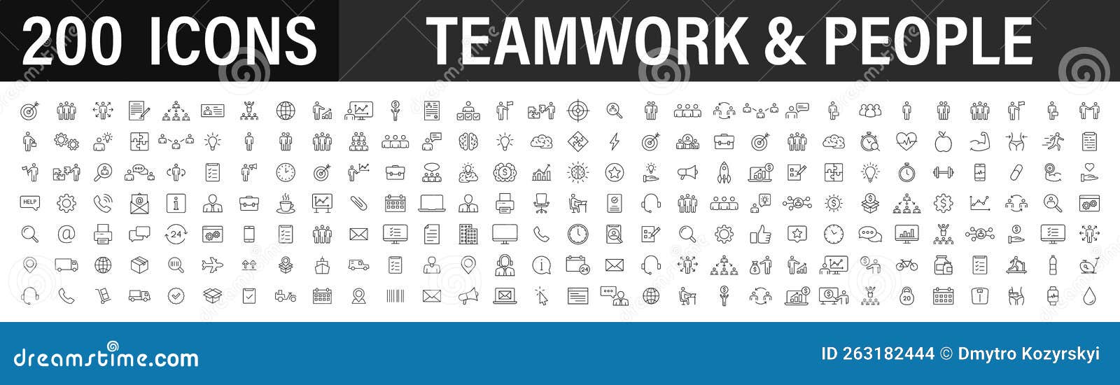Set of 200 Teamwork Web Icons in Line Style. Team Work, People, Support ...