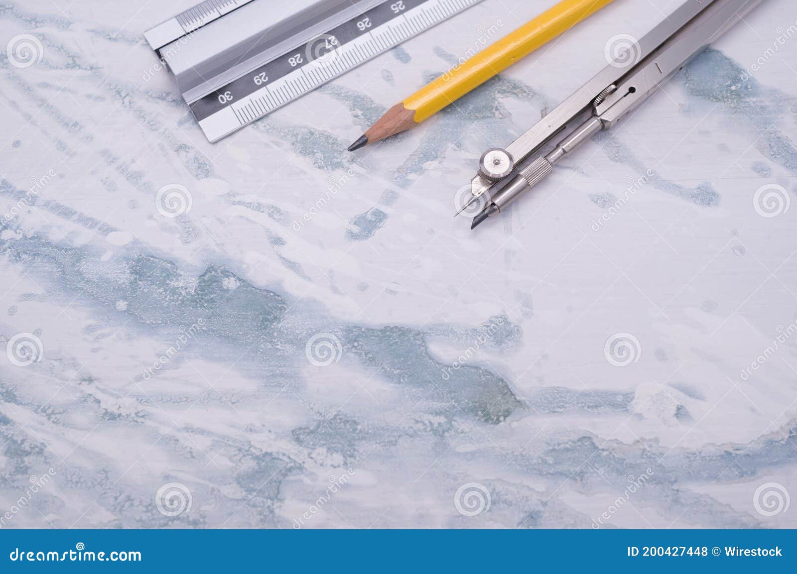 Set of Technical Drawing Tools on a Marble Background with a Copy Space ...