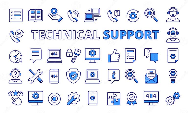 Set of Technical Support Icons in Line Design Blue. Computer Support,Tech Support, it Helpdesk ...