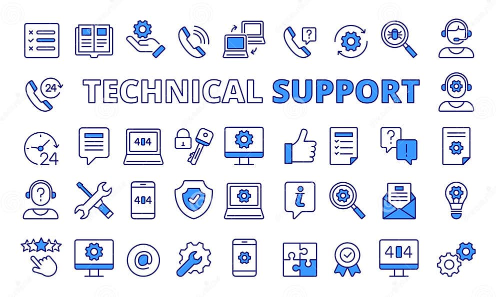 Set of Technical Support Icons in Line Design Blue. Computer Support ...