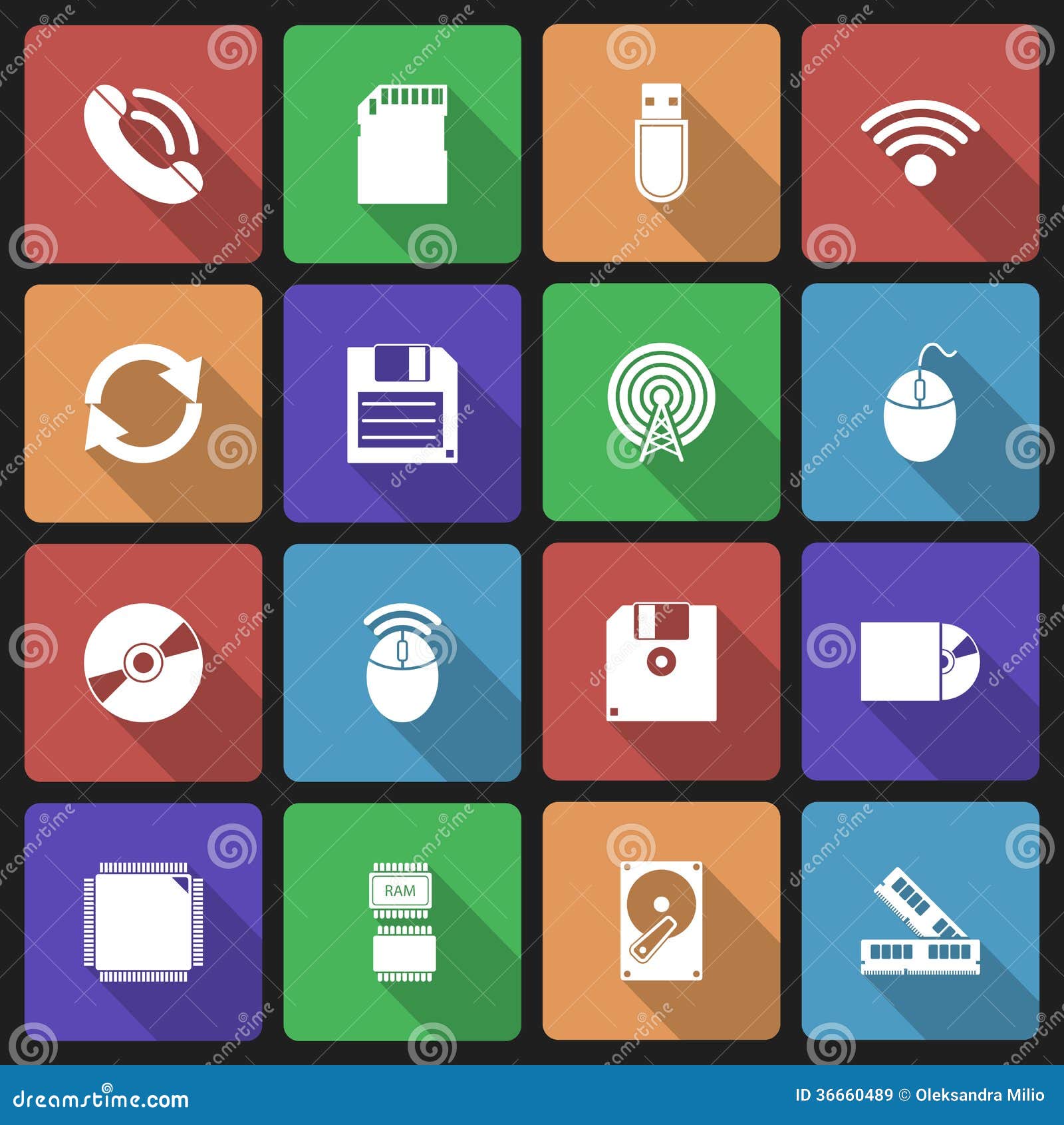 Set of Technology Icons with Long Shadow Stock Vector - Illustration of ...