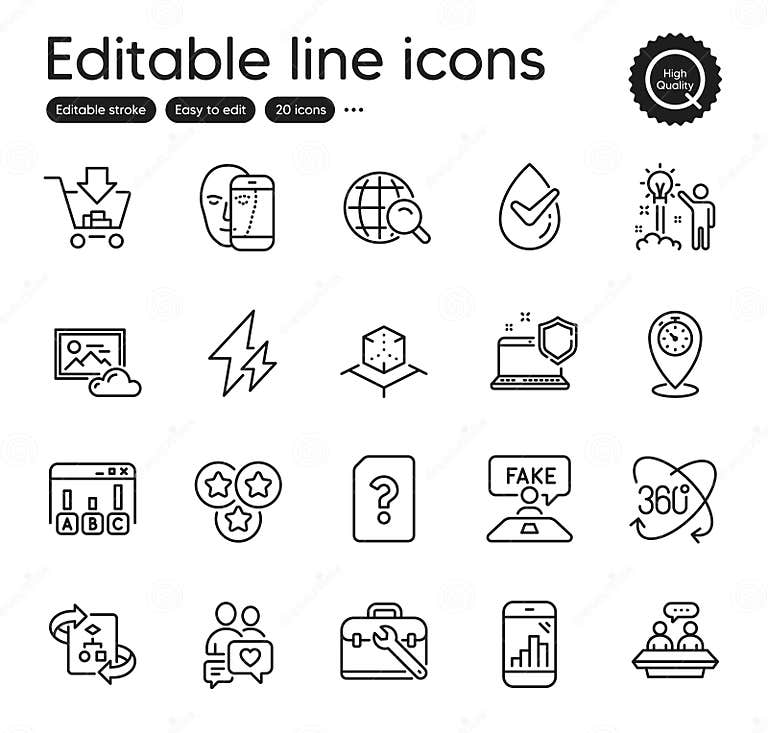Set of Technology Outline Icons. Contains Icons As Face Biometrics, Photo Cloud and Technical ...