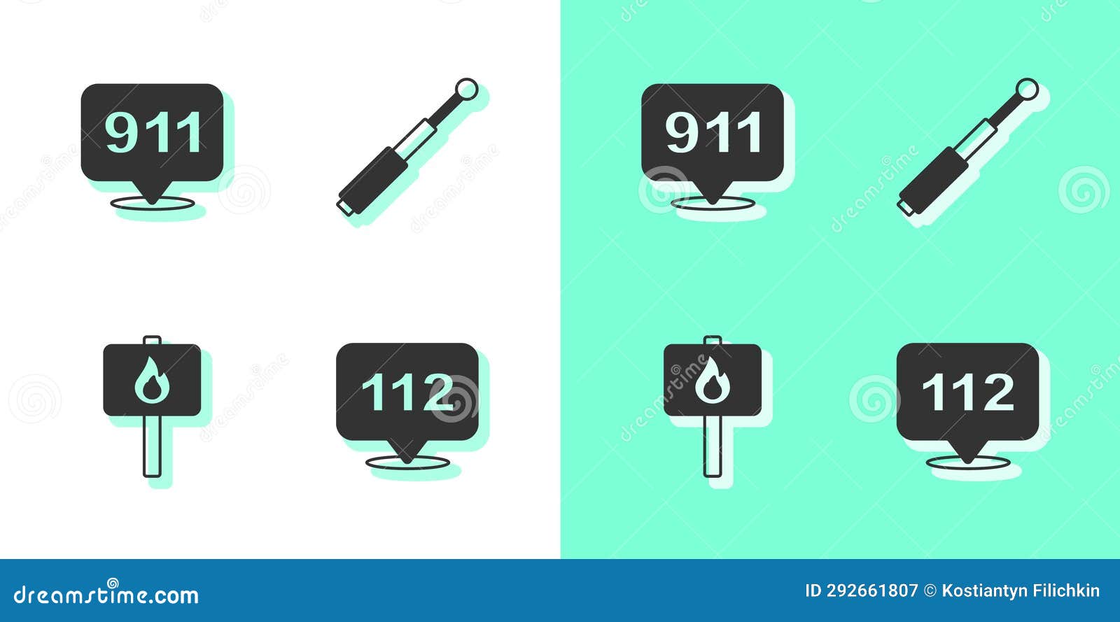 Set Telephone Call 112, 911, Protest and Telescopic Baton Icon. Vector ...