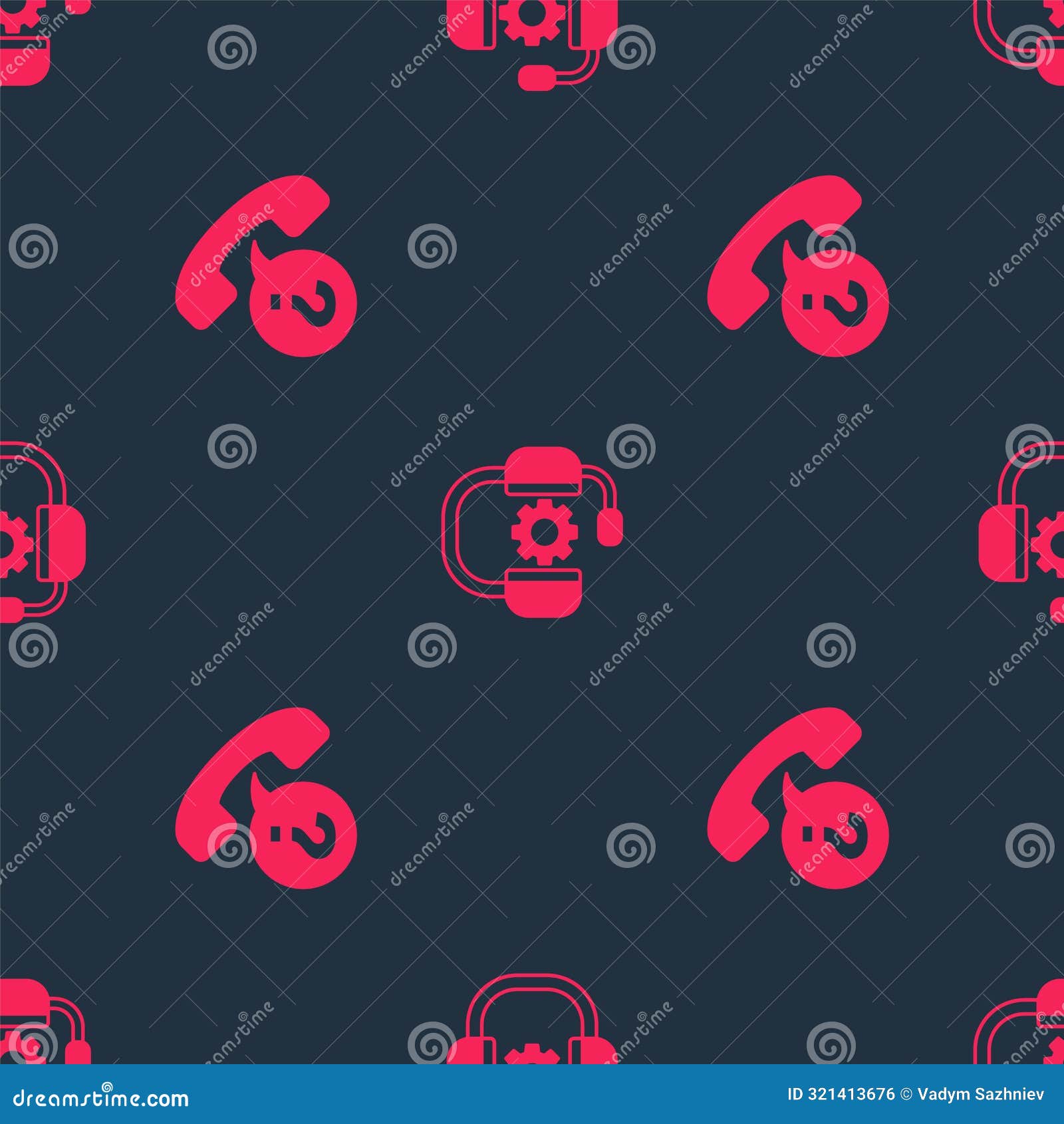 Set Telephone 24 Hours Support and Headphones on Seamless Pattern ...