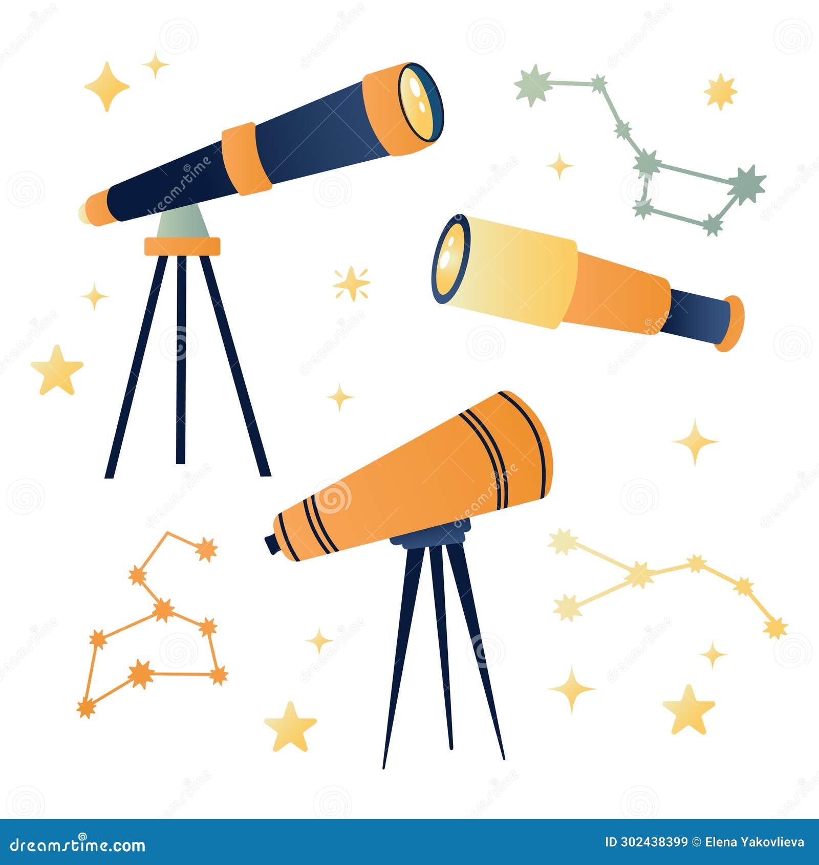 Set of Telescopes in Flat Cartoon Style with Stars Stock Vector ...
