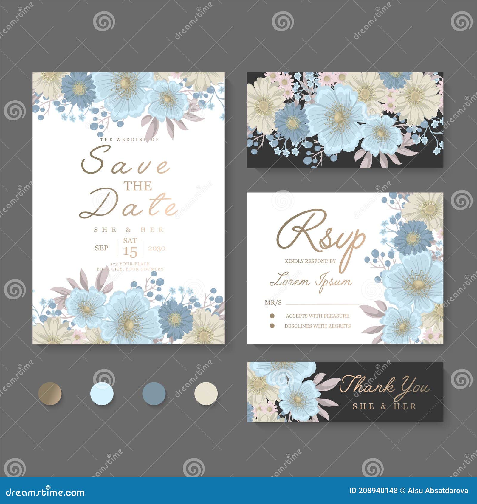 Set of Templates for Celebration Wedding. Blue Flowers Stock Vector ...