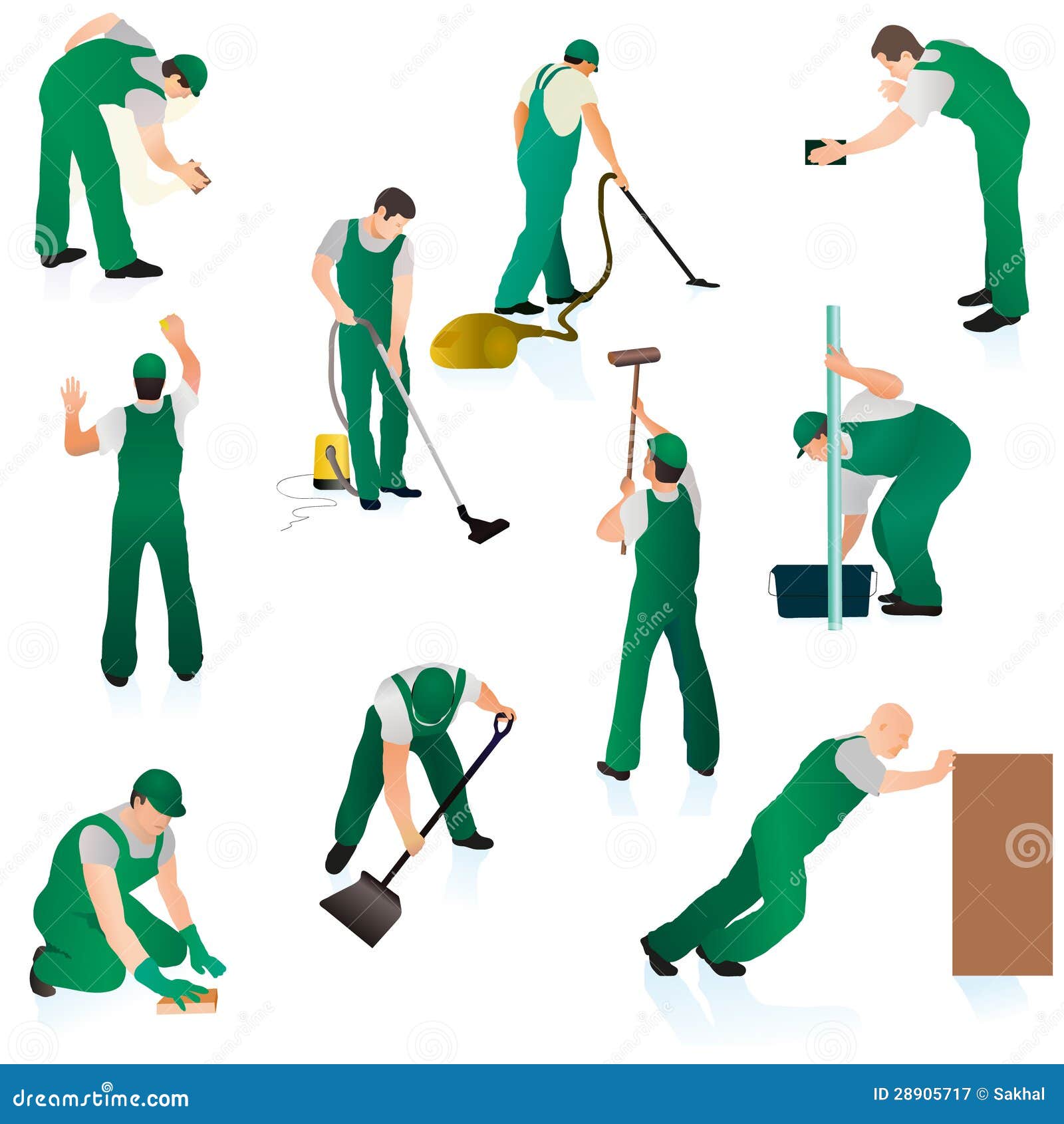 Set of Ten Professional Cleaners in Green Uniform Stock Vector ...