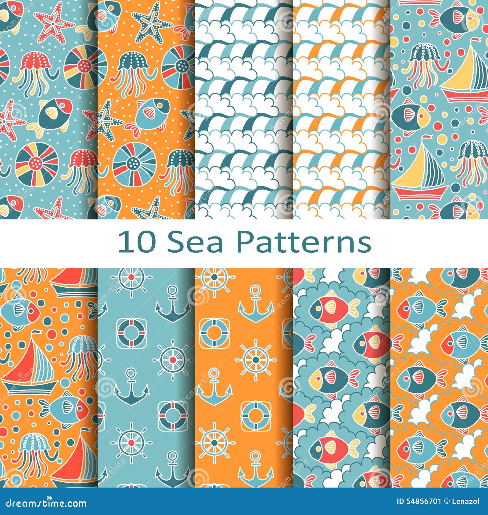 Set of ten sea patterns stock vector. Illustration of style - 54856701