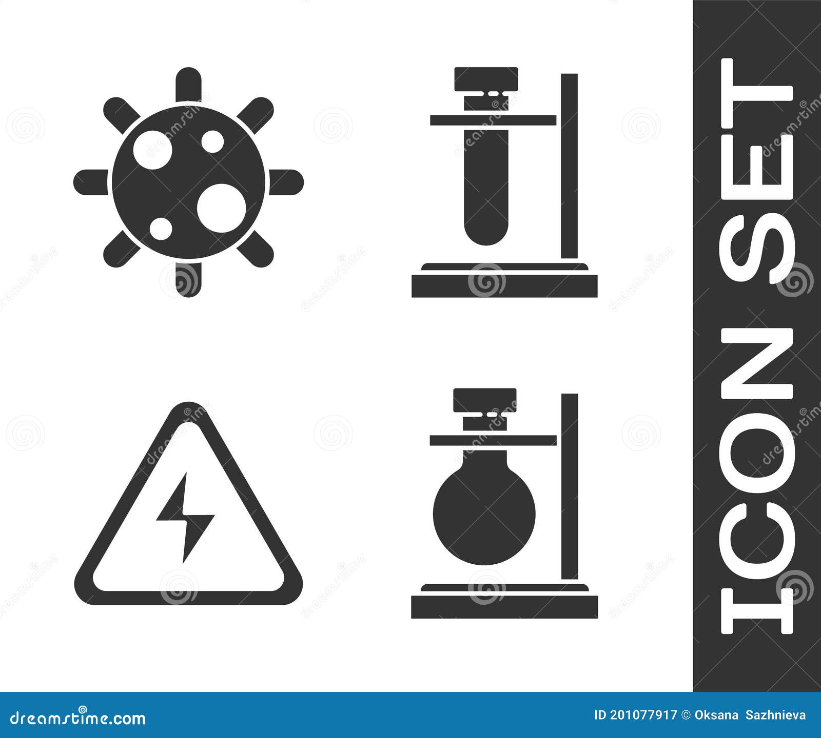 Set Bacteria, High Voltage Sign, Test Tube And Flask Chemical ...