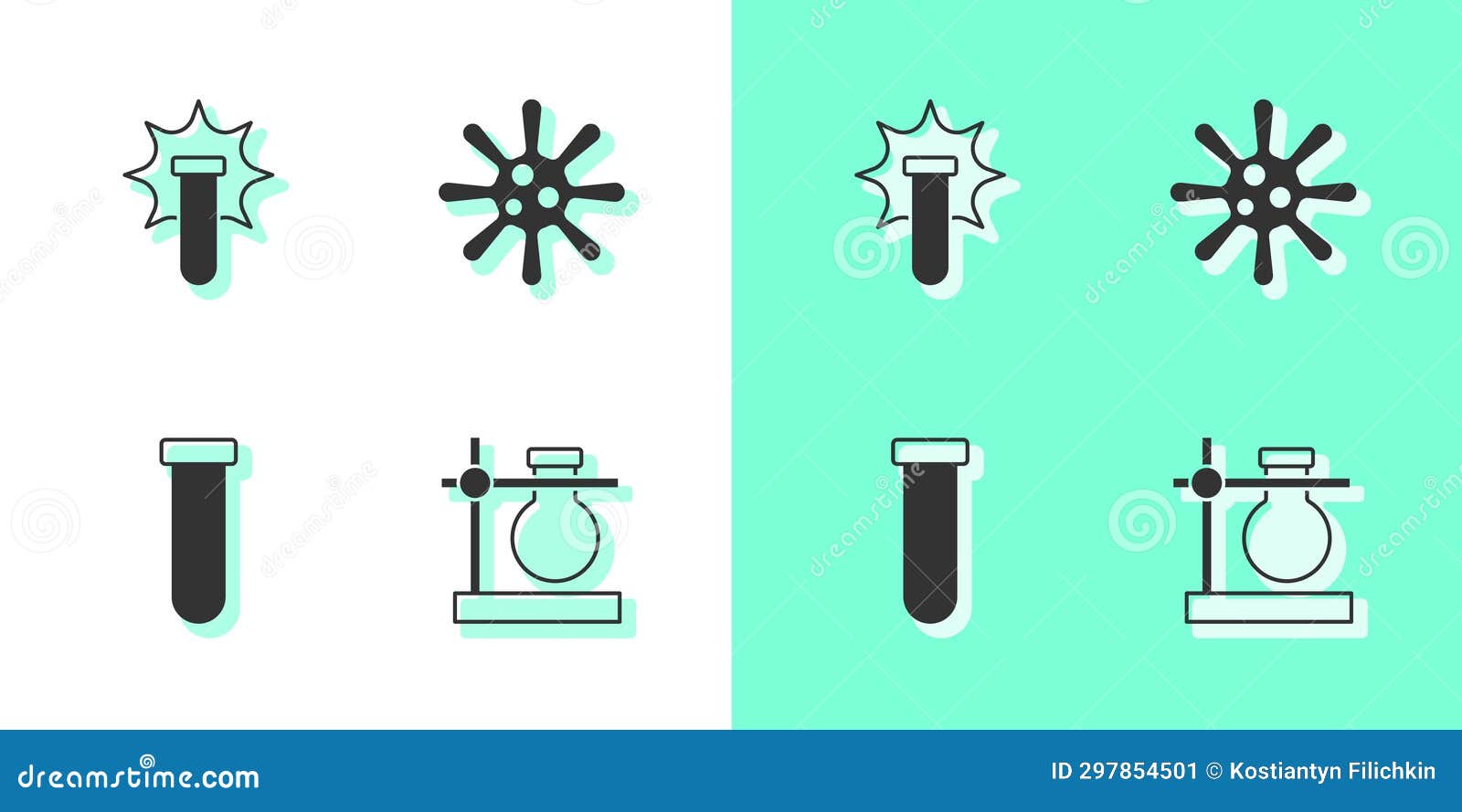 Set Test Tube Flask on Stand, Chemical Explosion, and Bacteria Icon ...