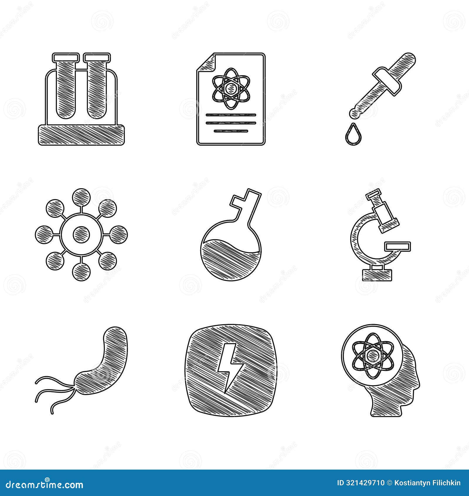 Set Test Tube, Lightning Bolt, Atom, Microscope, Bacteria, Virus ...