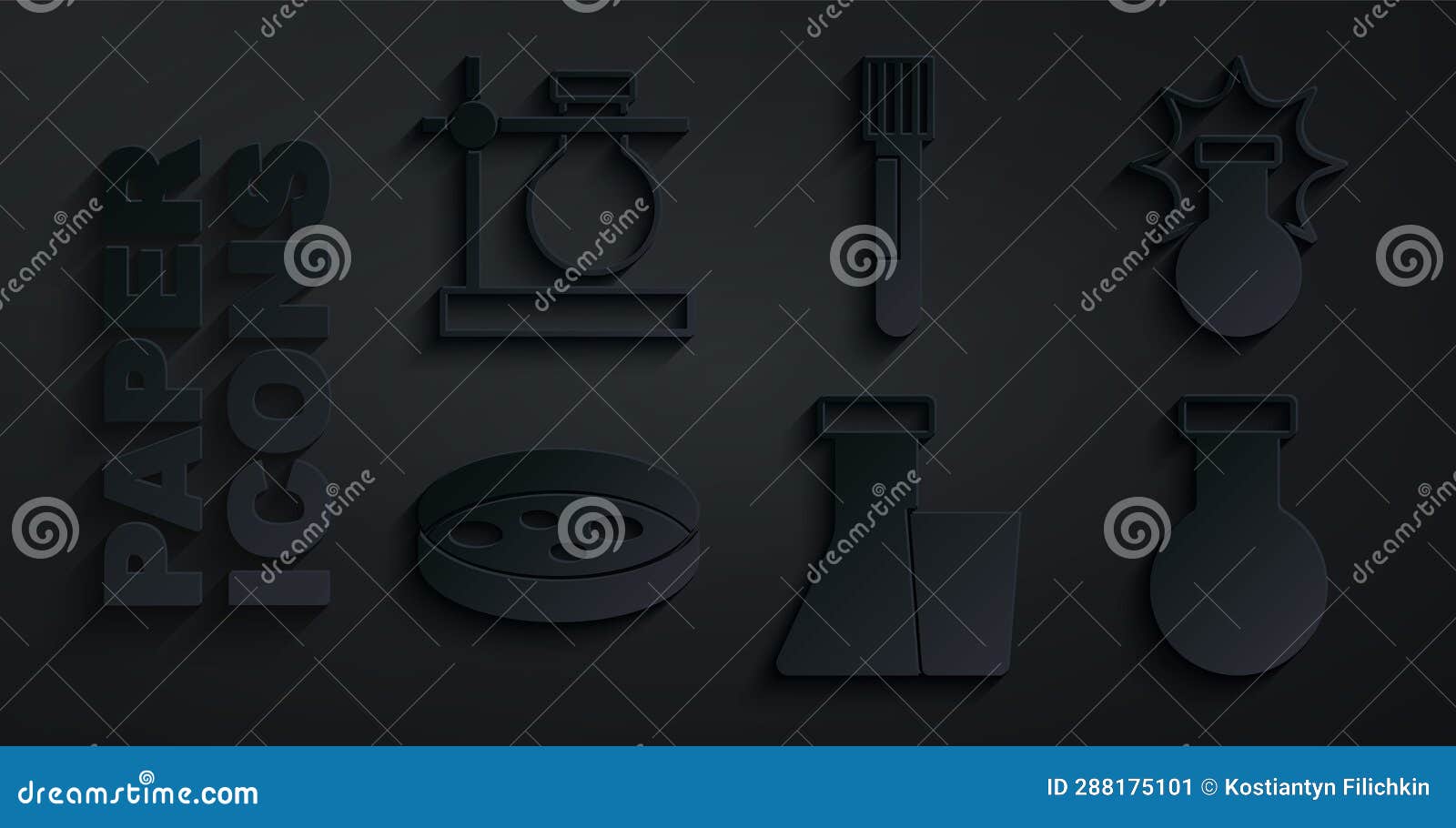 Set Test Tube Y Flask Chemy Explosion Petri Dish Con Bacteria E Icono ...