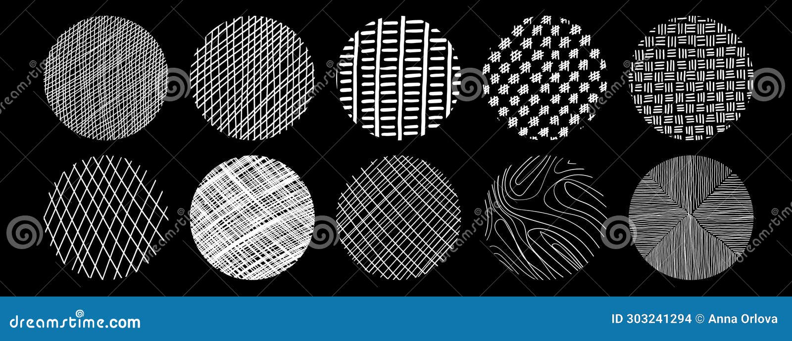 Set of Textures with Different Circle Patterns. Crosshatch, Wood, Rain ...