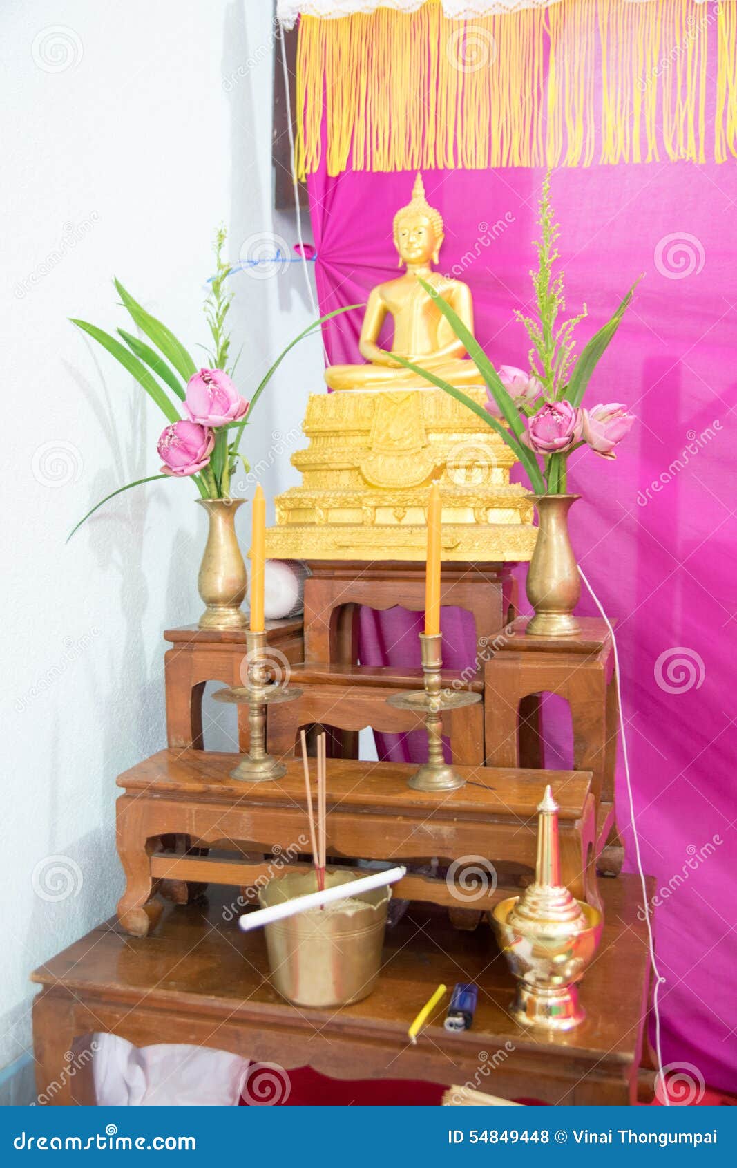 Set of Thai Altar Table with Buddha Statue and Holy Water Dipper Stock ...