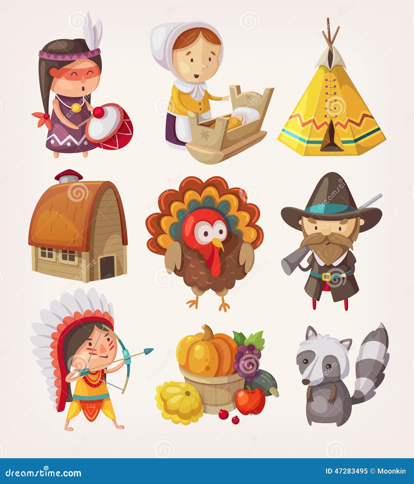 Set of Thanksgiving Items and Characters Stock Vector - Illustration of ...