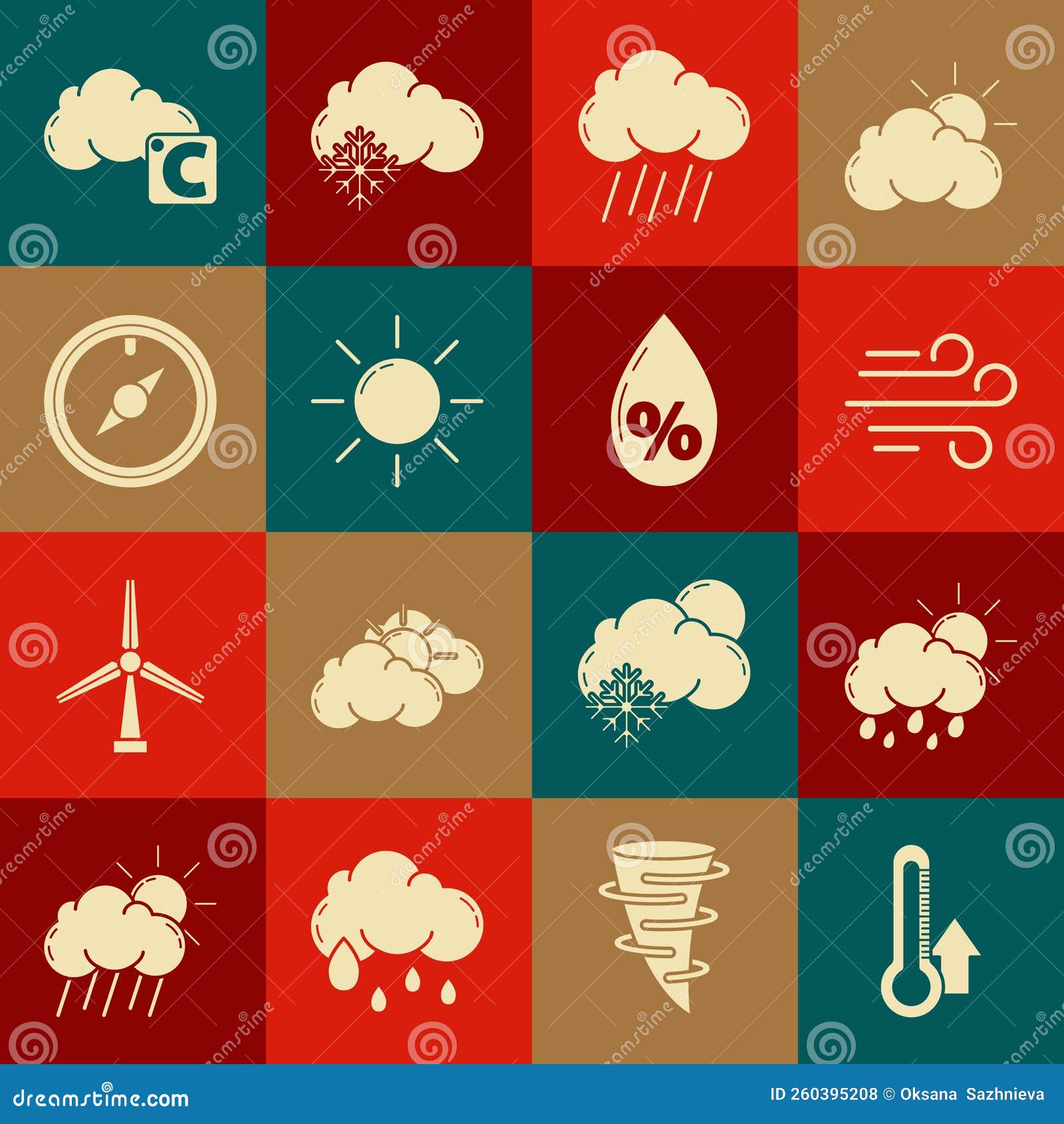 Set Thermometer, Cloud with Rain and Sun, Wind, Sun, Rose, Celsius ...