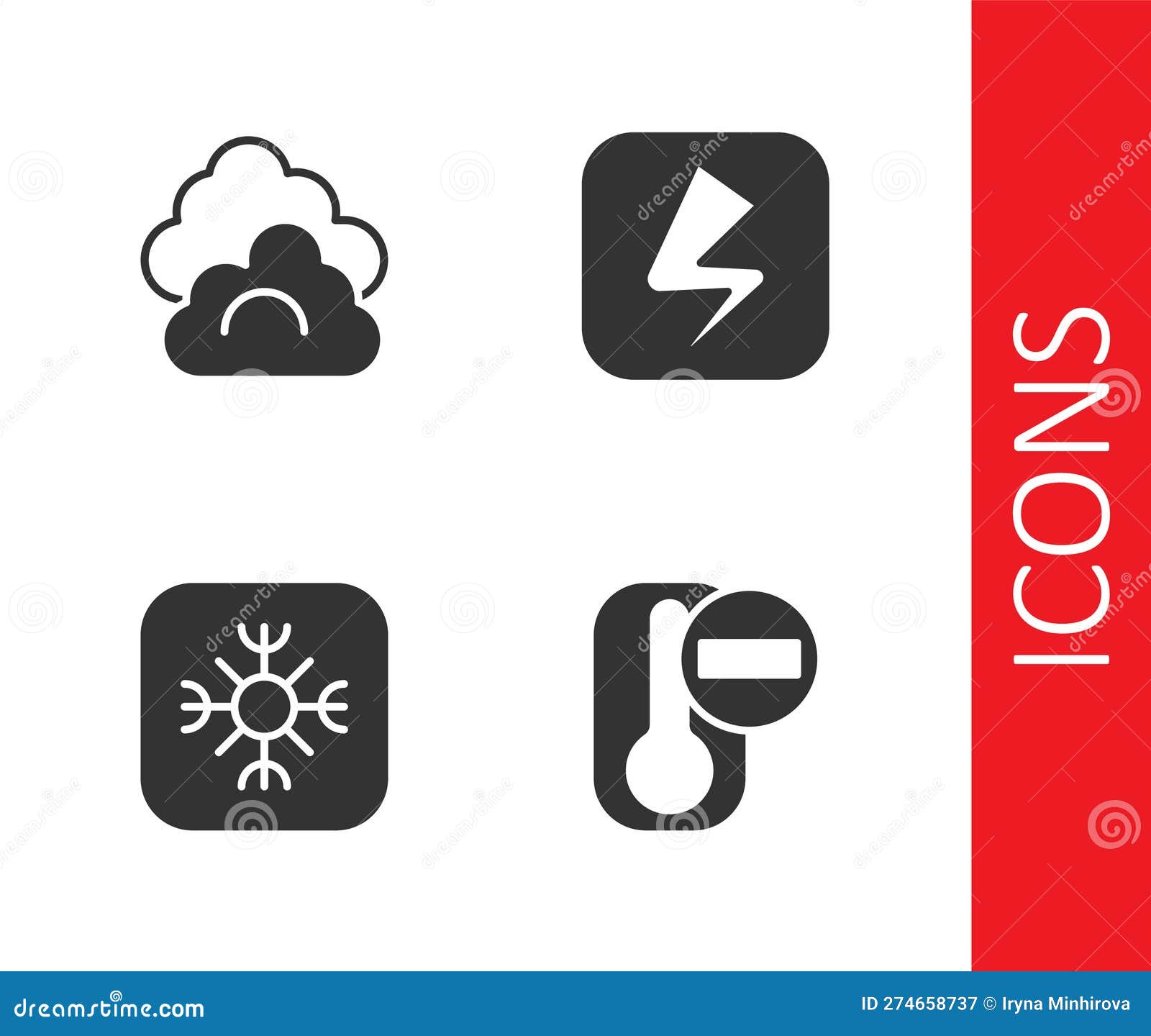 Set Thermometer, Cloud, Snowflake and Lightning Bolt Icon. Vector Stock ...