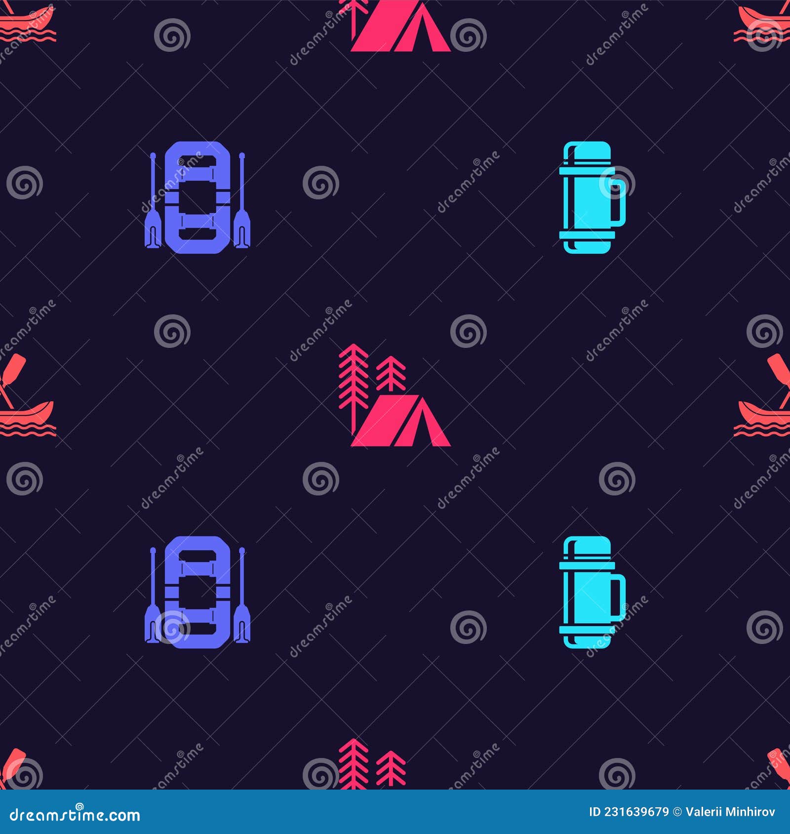 Set Thermos Container, Rafting Boat, Tourist Tent and on Seamless ...