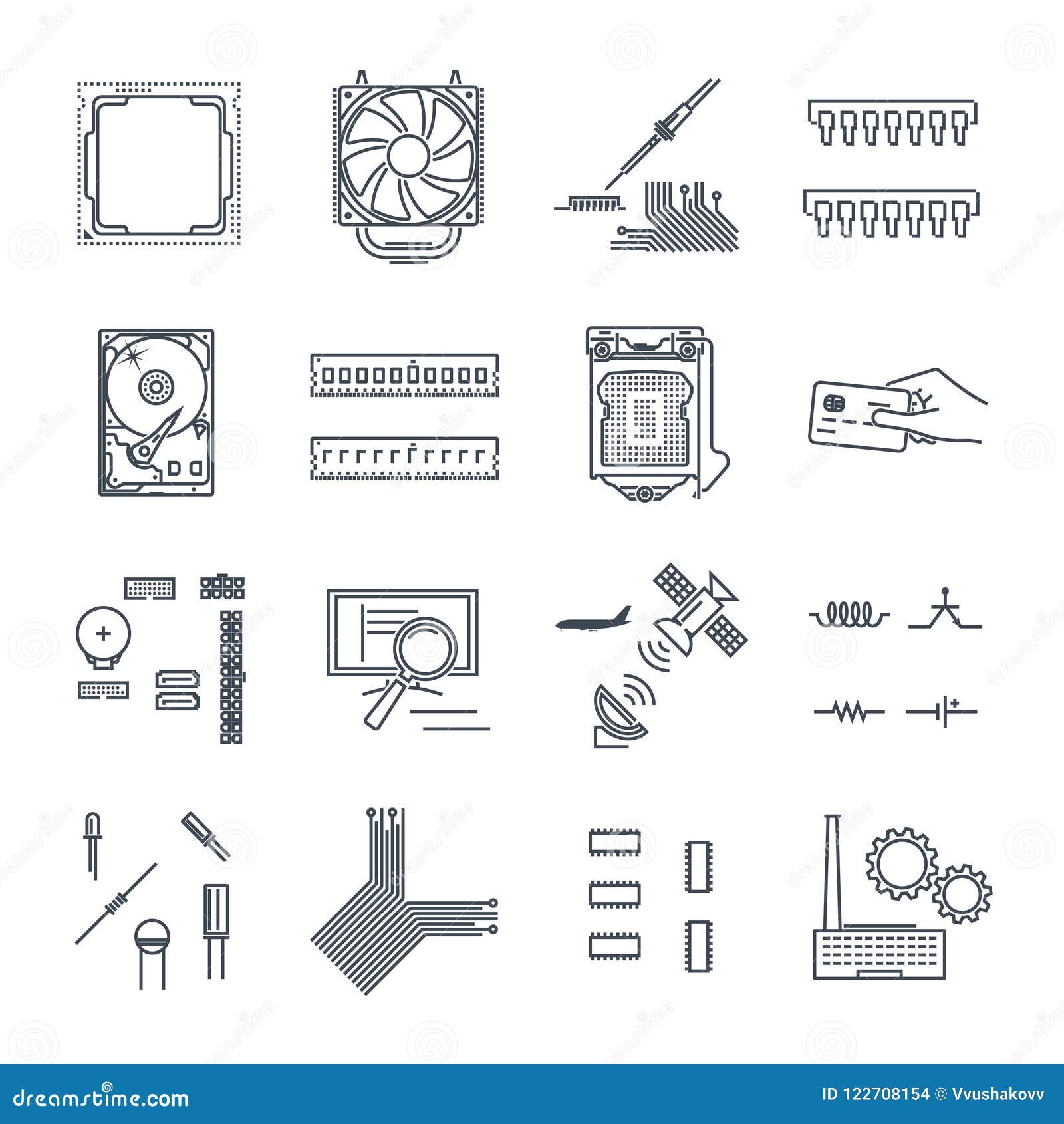 Set of Thin Line Icons Electronics, Computer, Processor Stock Vector ...