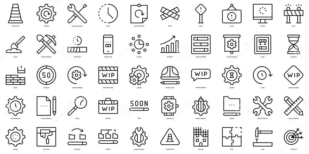 Set of Thin Line Work in Progress Icons. Vector Illustration Stock ...