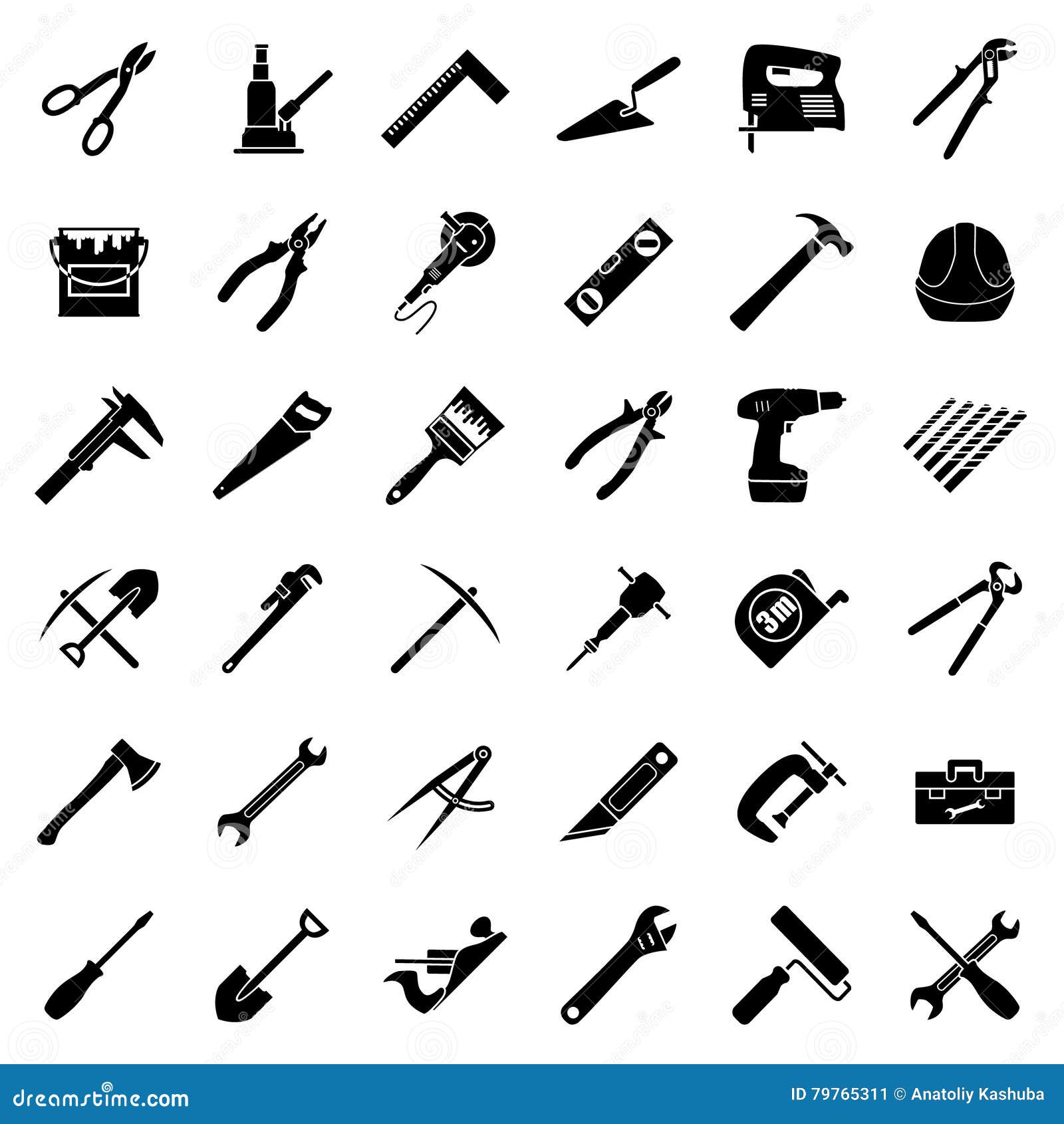 Set of Thirty Six Flat Style Black and White Tools Used in Construction ...