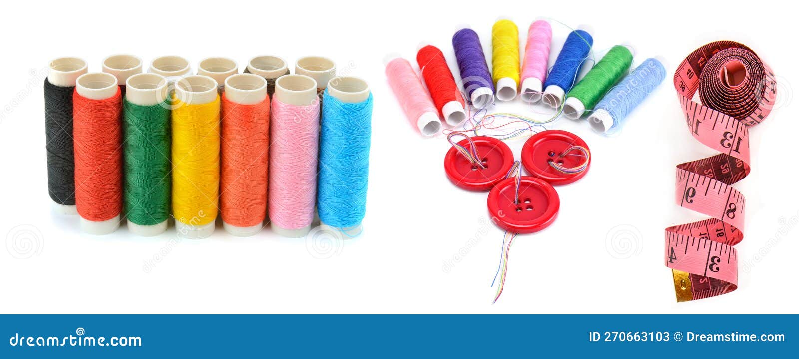 Set of Thread Spools, Buttons and Measuring Tape Isolated on White ...