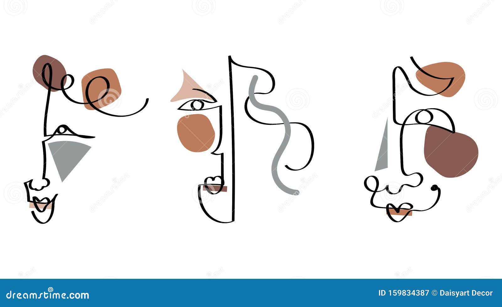 Set Of Three Abstract Face One Line Drawing Portrait Minimalistic