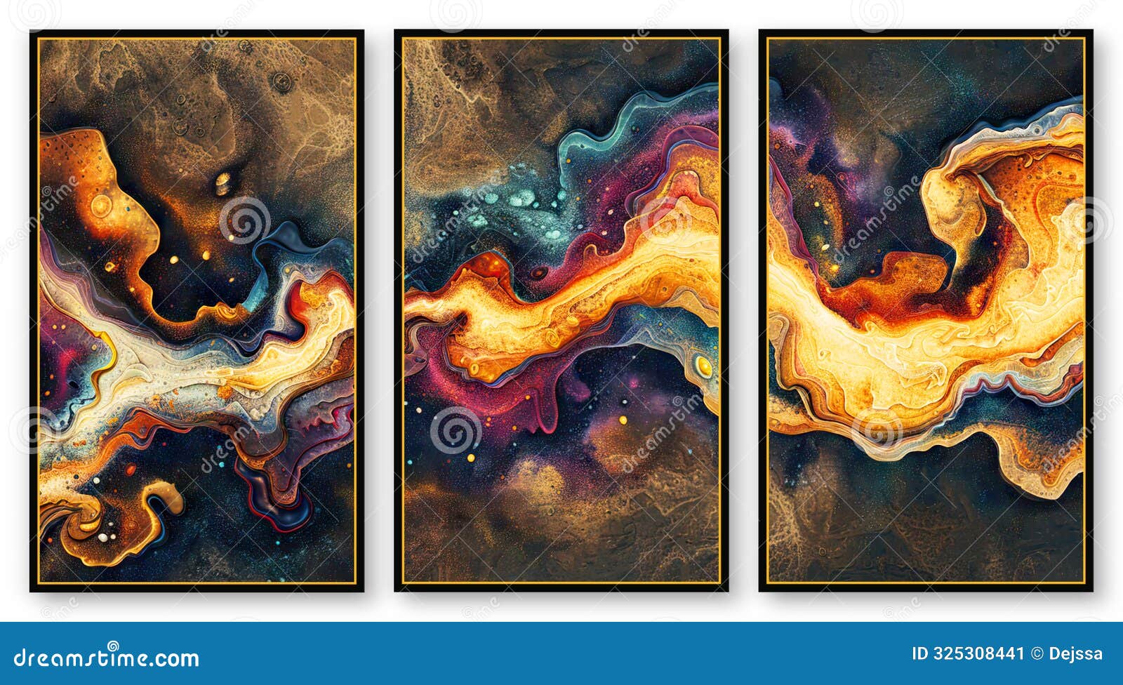 A Set of Three Abstract Wall Art Panels with Cosmic Fluid Design in ...