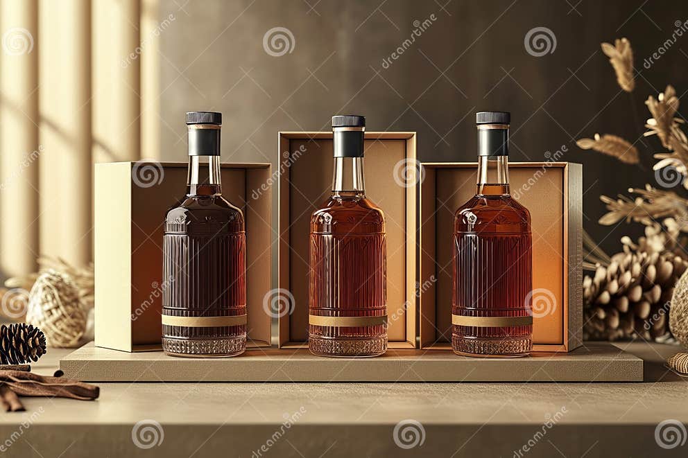 Set of Three Alcoholic Bottles and Boxes for Them Stock Illustration ...