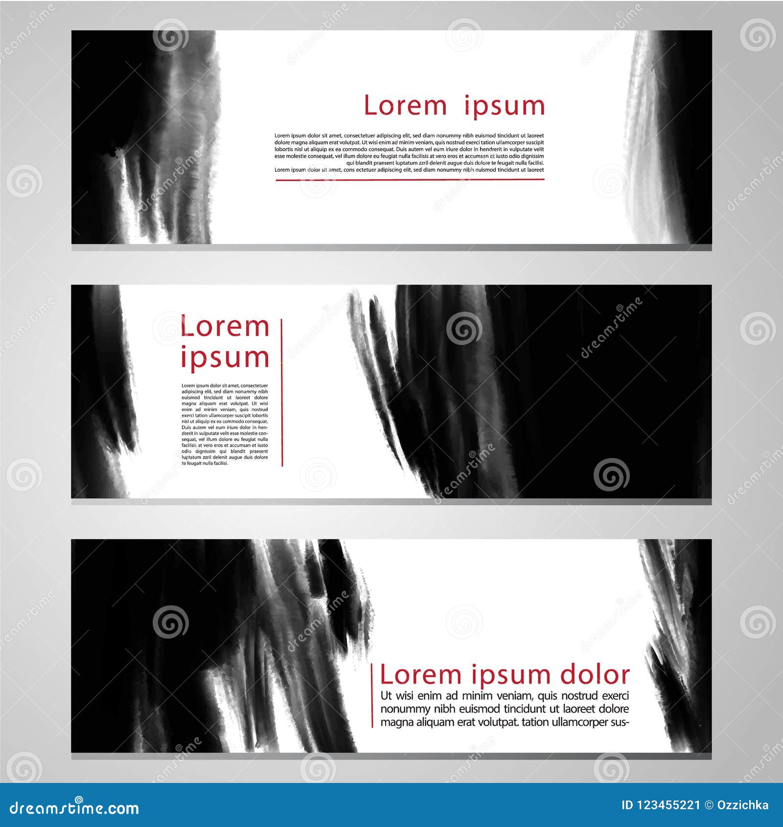 Set of Three Banners, Abstract Headers with Hand Painted Ink Strokes ...