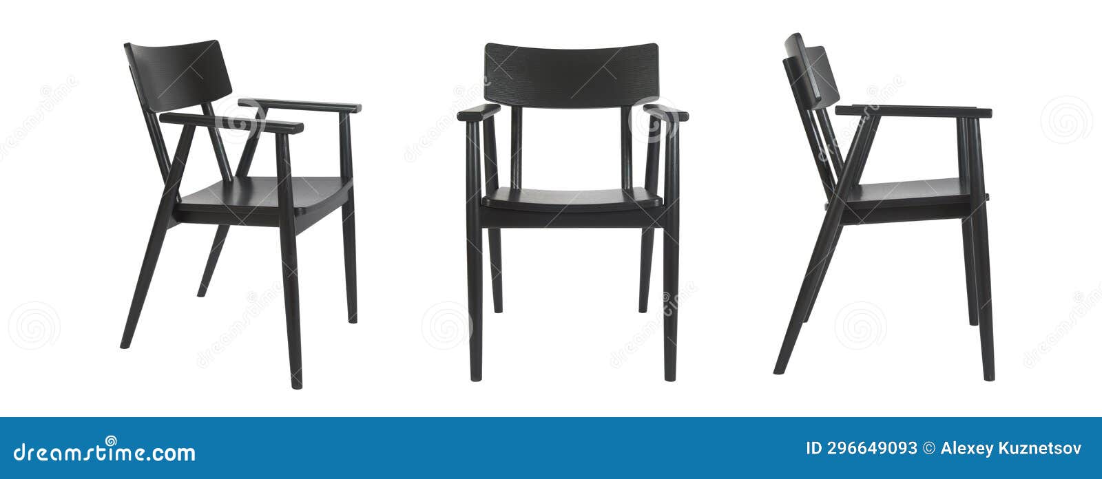 Set of Three Black Wooden Chairs in Different View Angles Over White ...