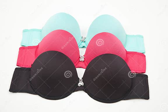 Set of Three Bras in Different Colors on White Background Stock Photo ...