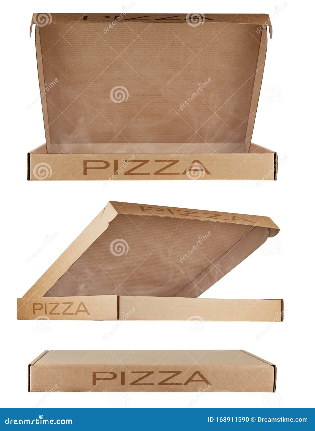 Set of Three Cardboard Pizza Boxes from Different Angles with the ...