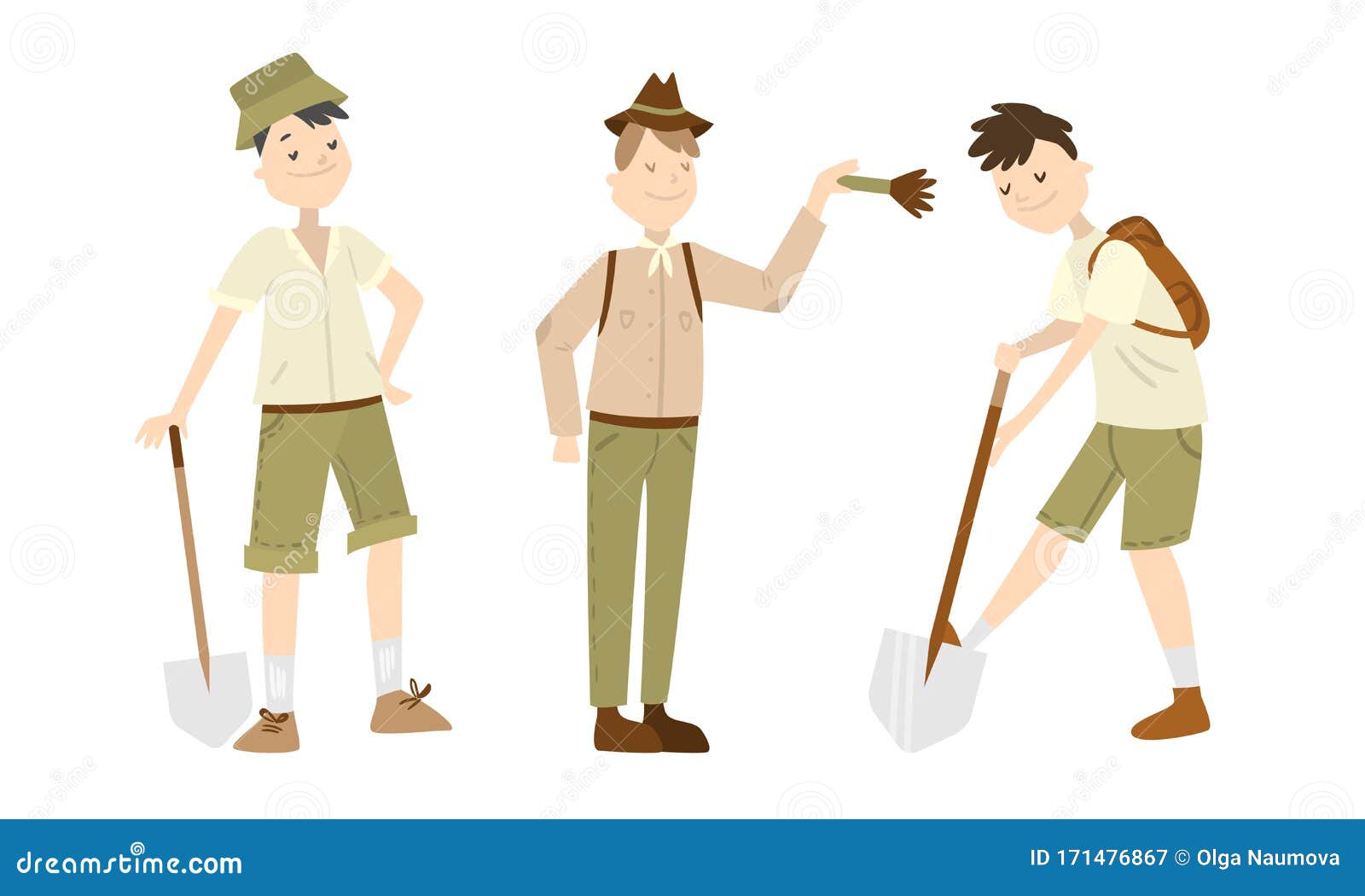 Set of Three Cartoon Archaeologist Characters at Work. Vector ...