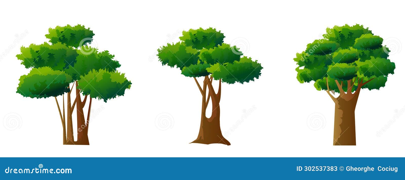 Set of three cartoon trees stock vector. Illustration of color - 302537383