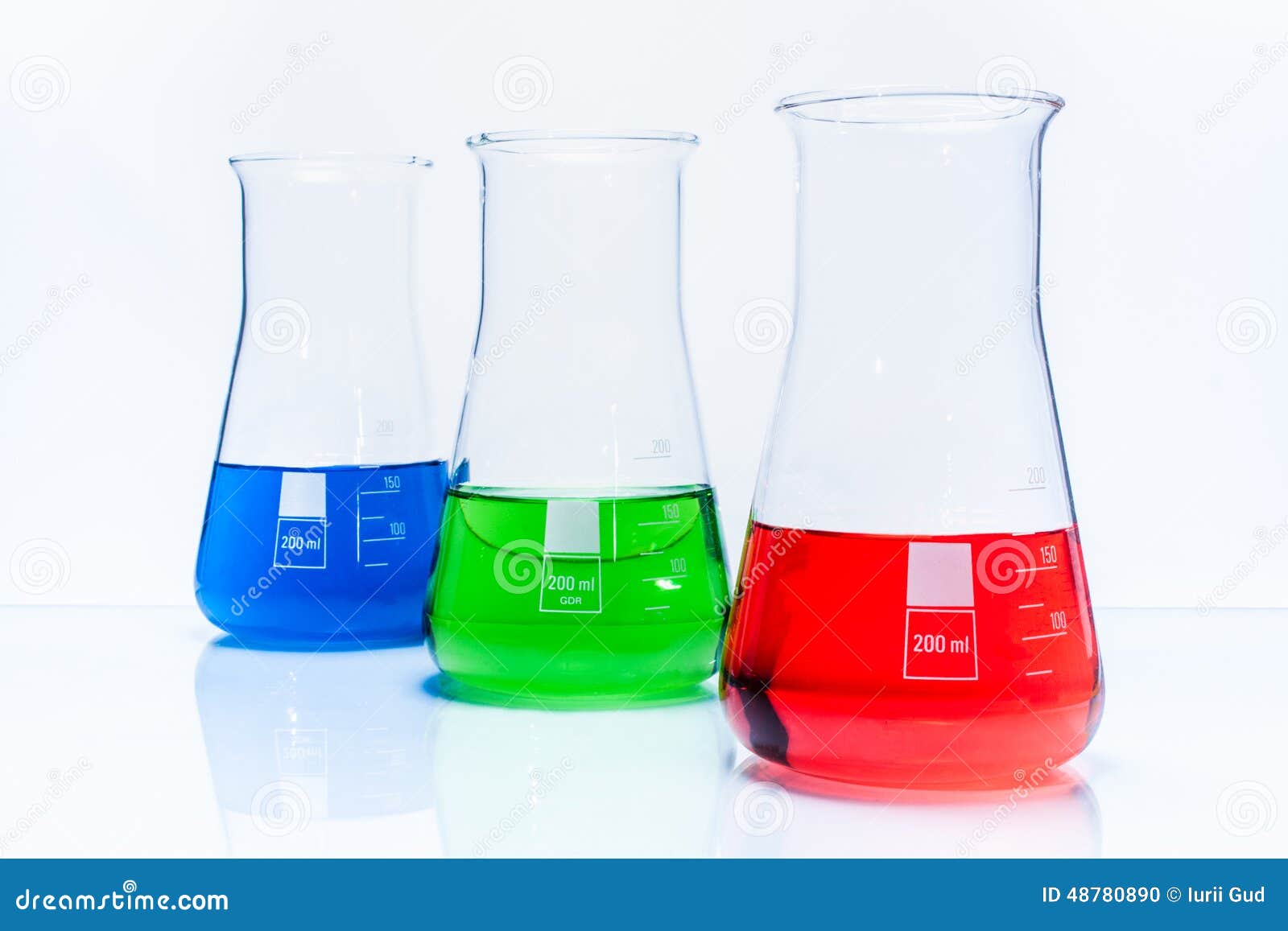 Set of Three Conical Temperature Resistant Flasks with Color Liquid ...
