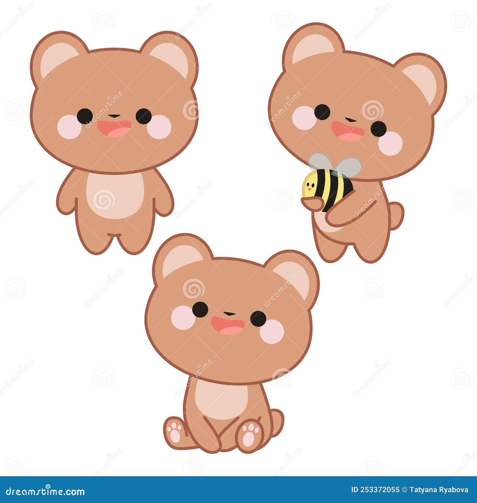 Set of Three Cute Bears in Kawaii Style. One is Standing, the Second is ...