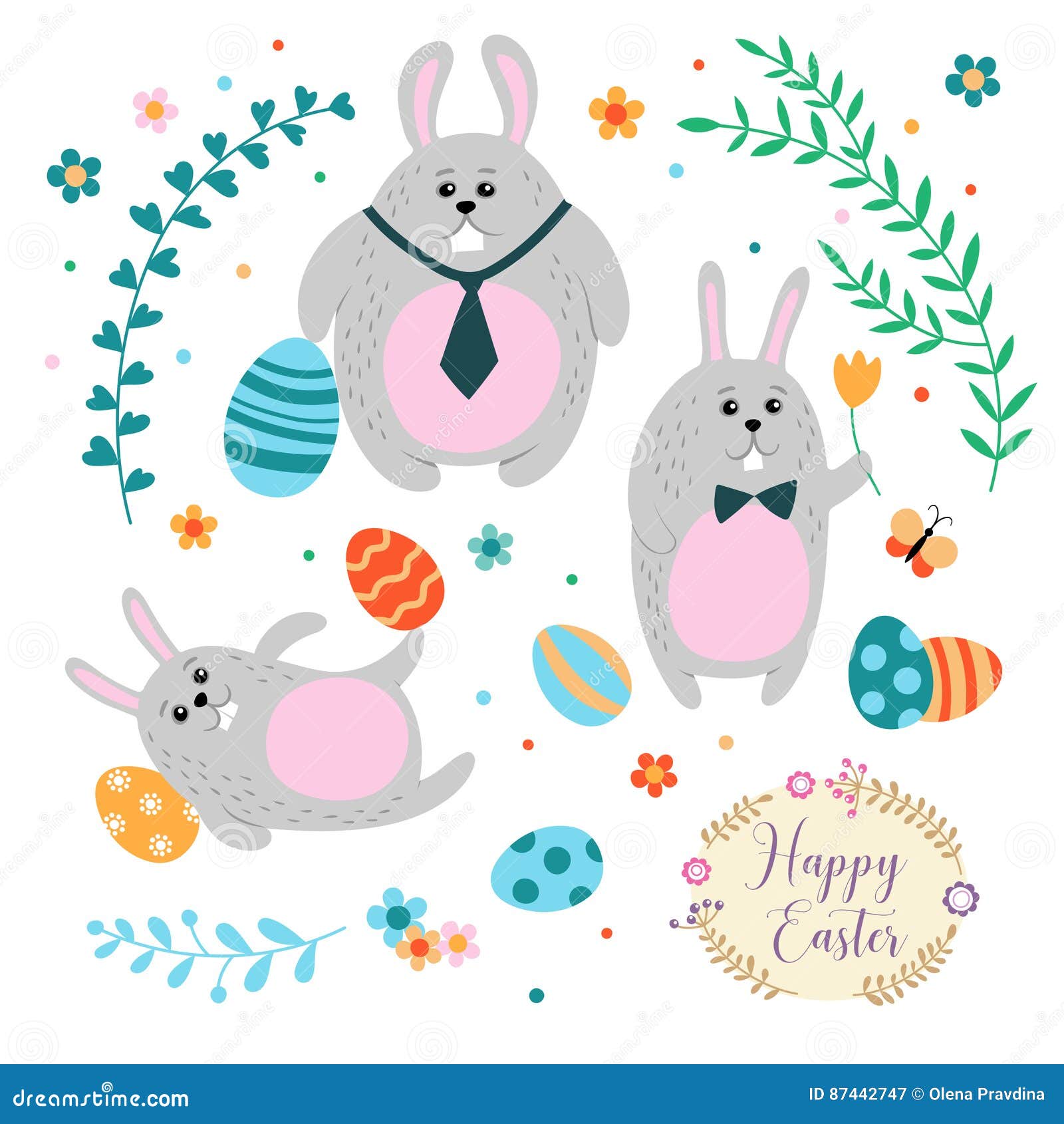 Set of Three Cute Easter Bunnies and Painted Eggs in a Cartoon Style ...