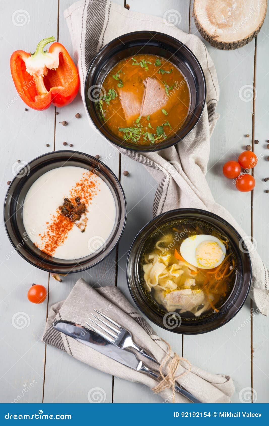 Set of Three Different Soups Stock Photo - Image of rustic, potato ...