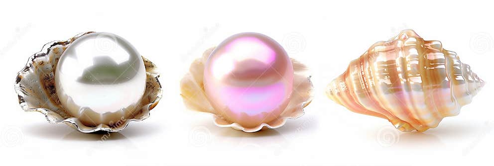 A Set of Three Different Types of Pearls in Shells Isolated on a White ...