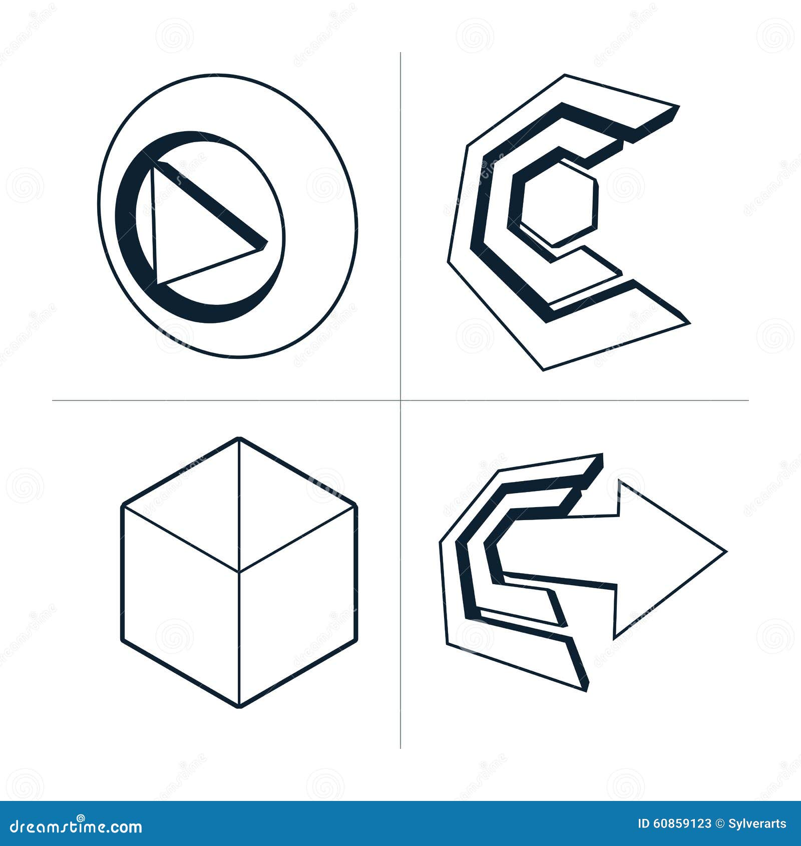 Set of Three-dimensional Abstract Icons, Play Sign, Arrow Stock Vector ...