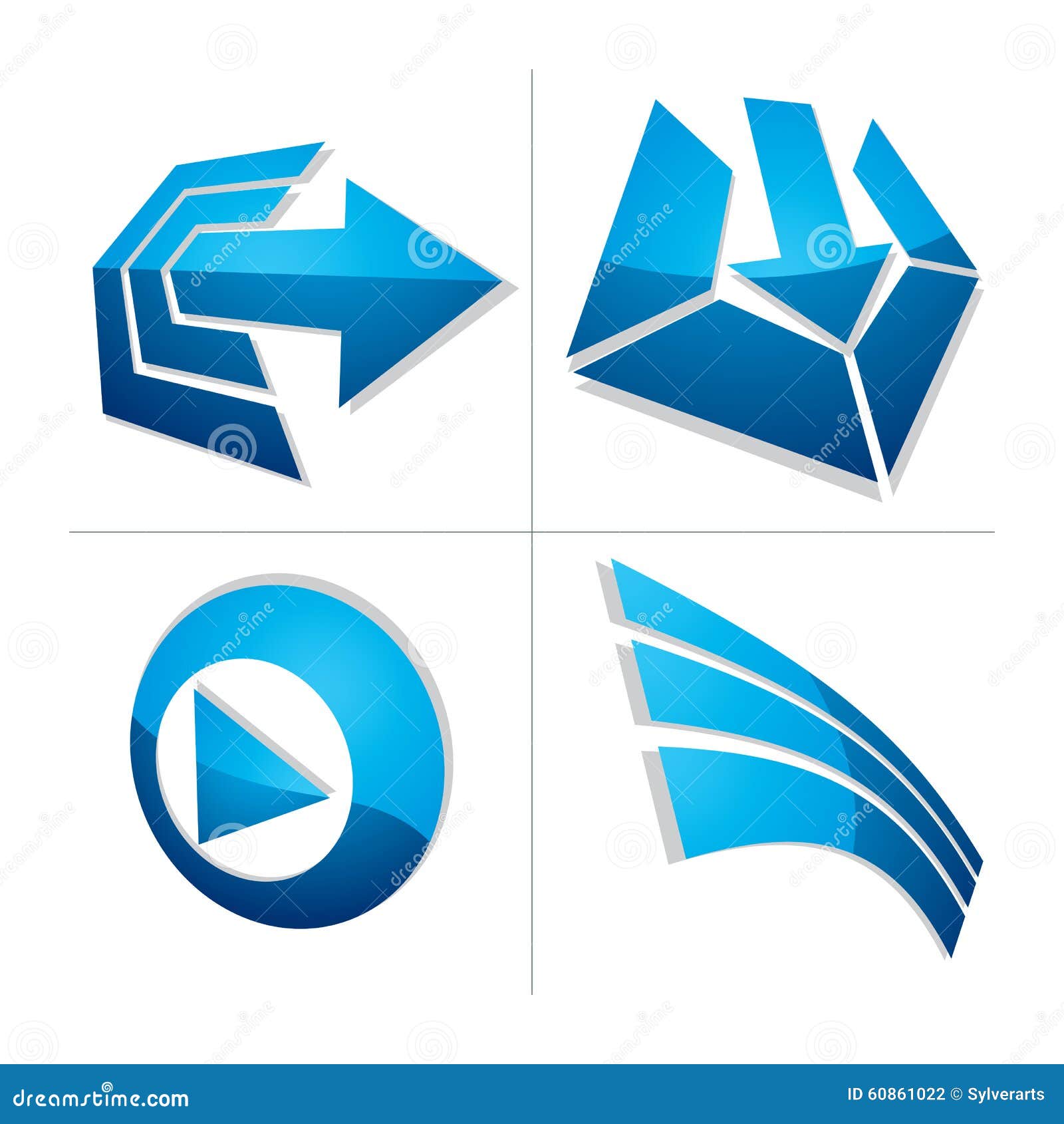 Set of Three-dimensional Abstract Icons, Play Sign, Arrow Stock Vector ...