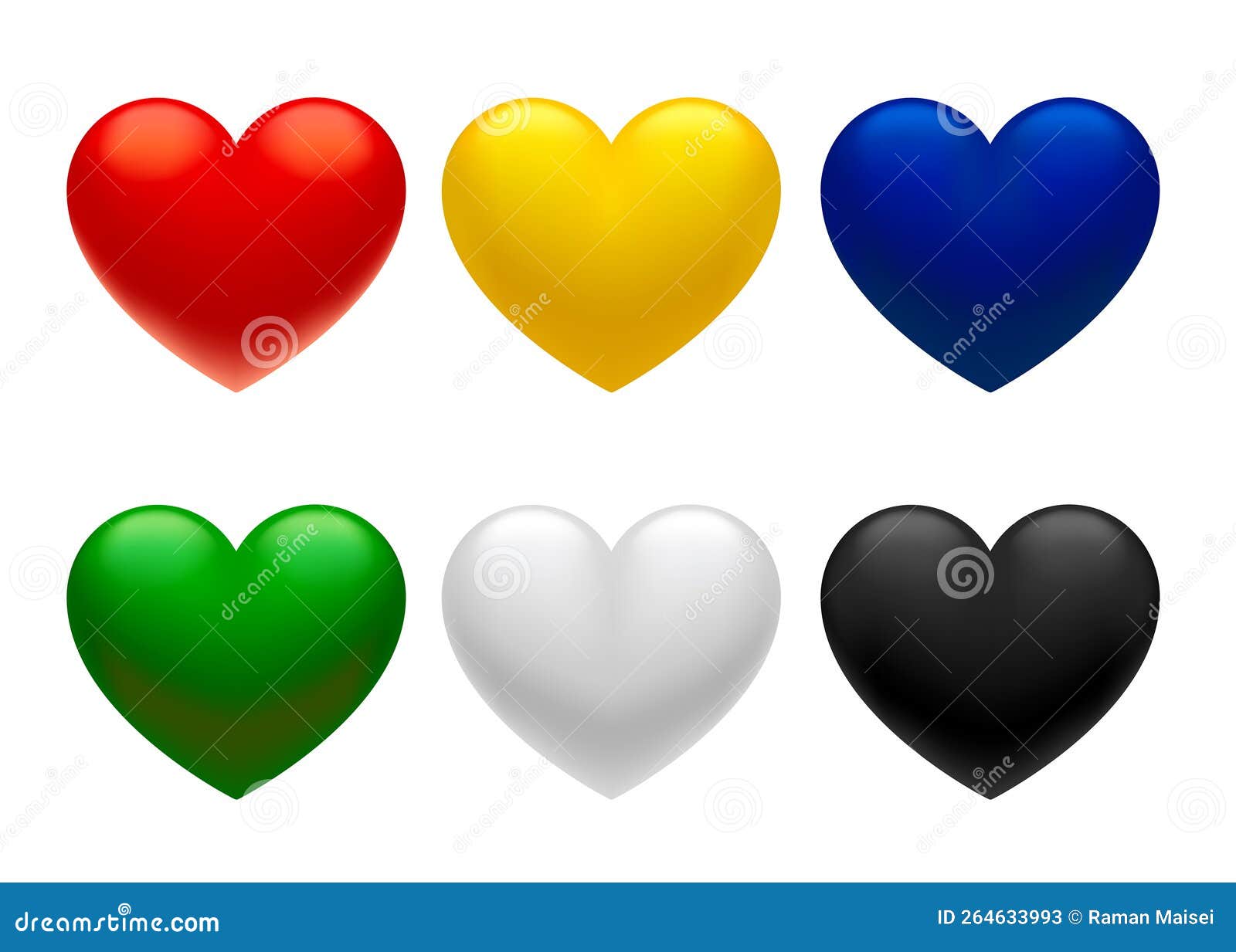 Set of Three Dimensional Hearts of Different Colors Isolated on White ...