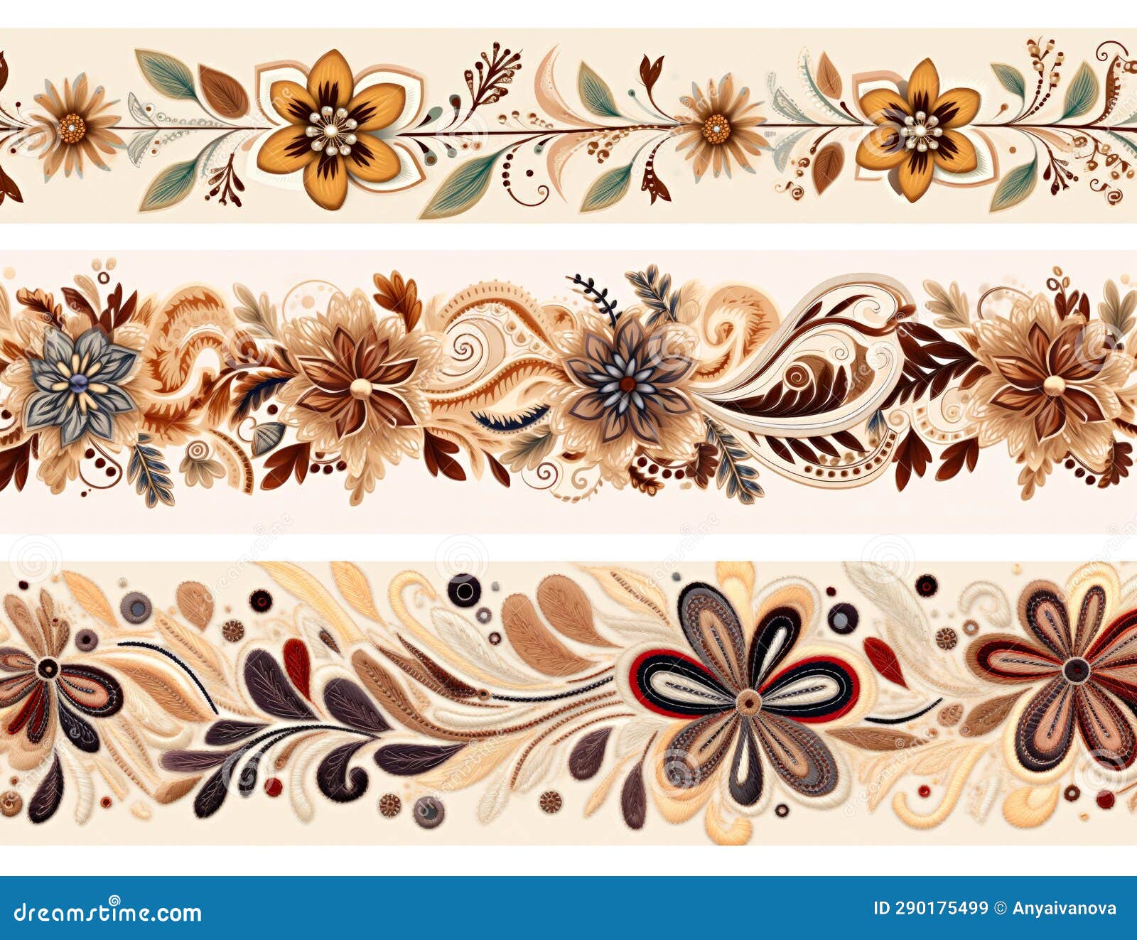 Set of Three Floral Boho Decorative Borders with Flowers and Leaves ...