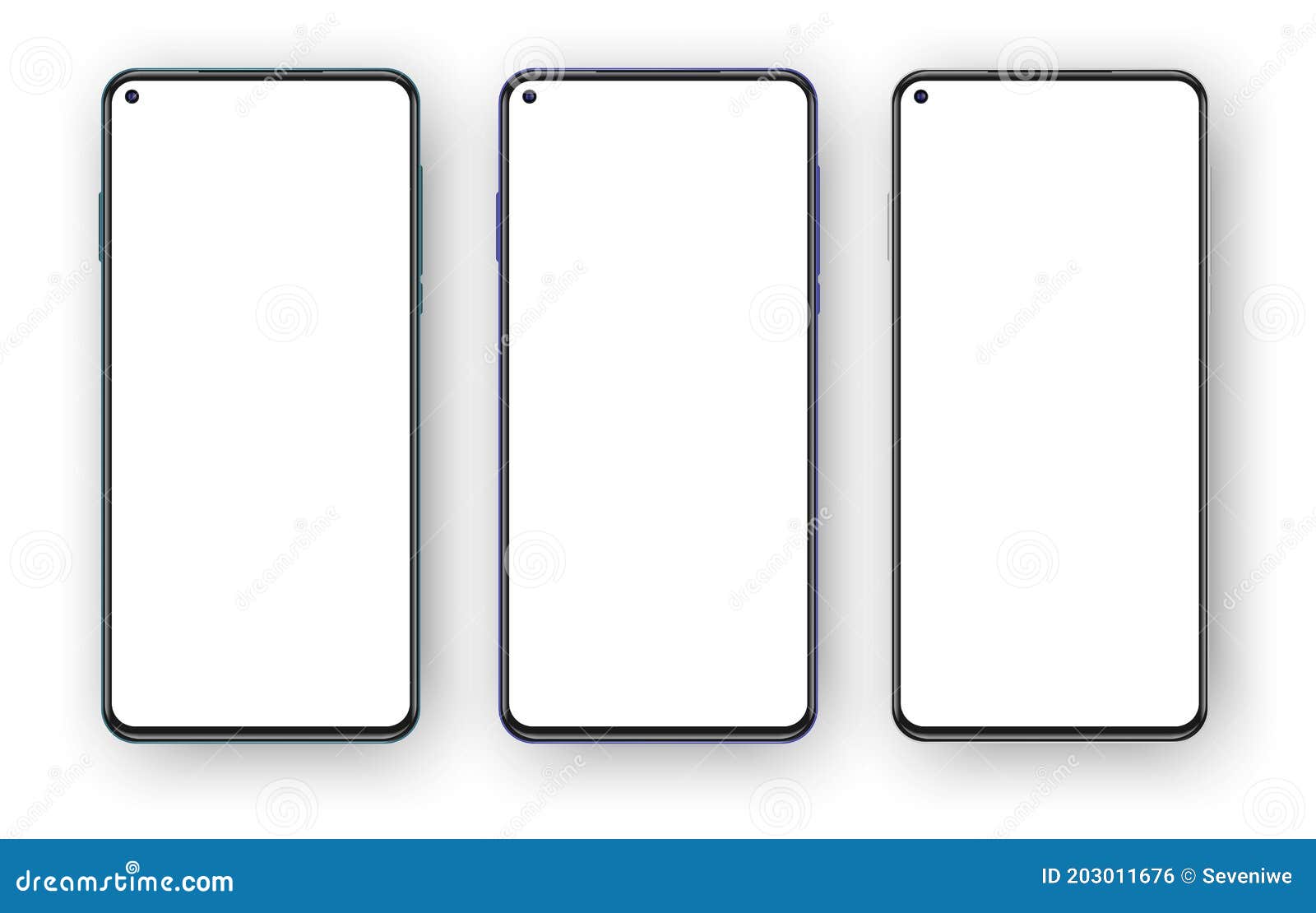 Set of Three Frameless Phones Mockup Isolated on White Background. Left ...